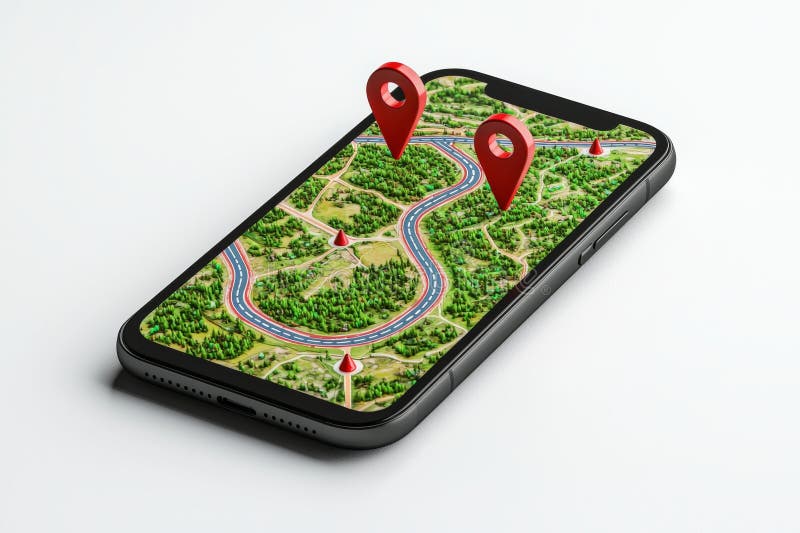 A Smartphone is Shown Displaying a Navigation Path with Map Pins on a ...