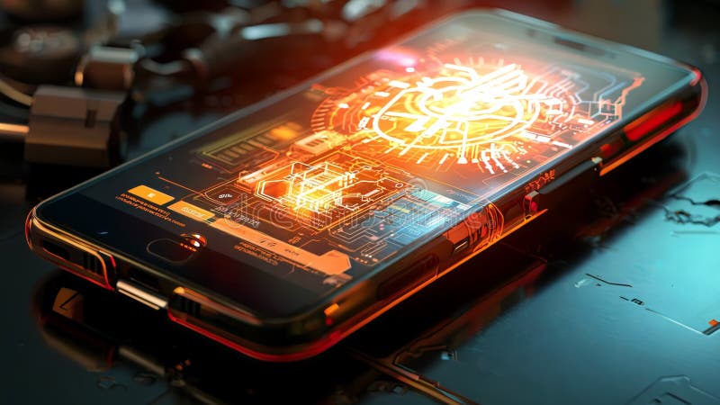Futuristic Smartphone Displaying High-Tech Graphics on a Dark Surface ...