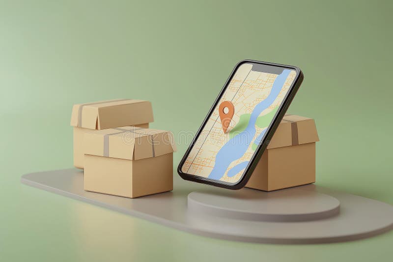 Smartphone Shows Location Map for Delivery Boxes. Modern Logistics Tech ...