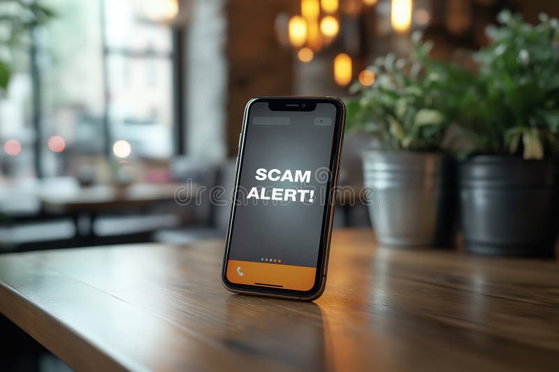 Smartphone Warning Display Signaling Potential Scam Activity in a Cafe ...