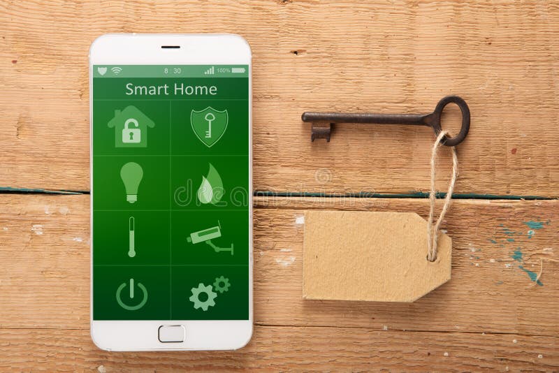 Smartphone with Smart Home App on the Wooden Desk Stock Photo - Image ...