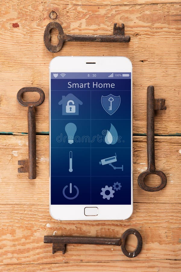Smartphone with Smart Home App on the Wooden Desk Stock Photo - Image ...