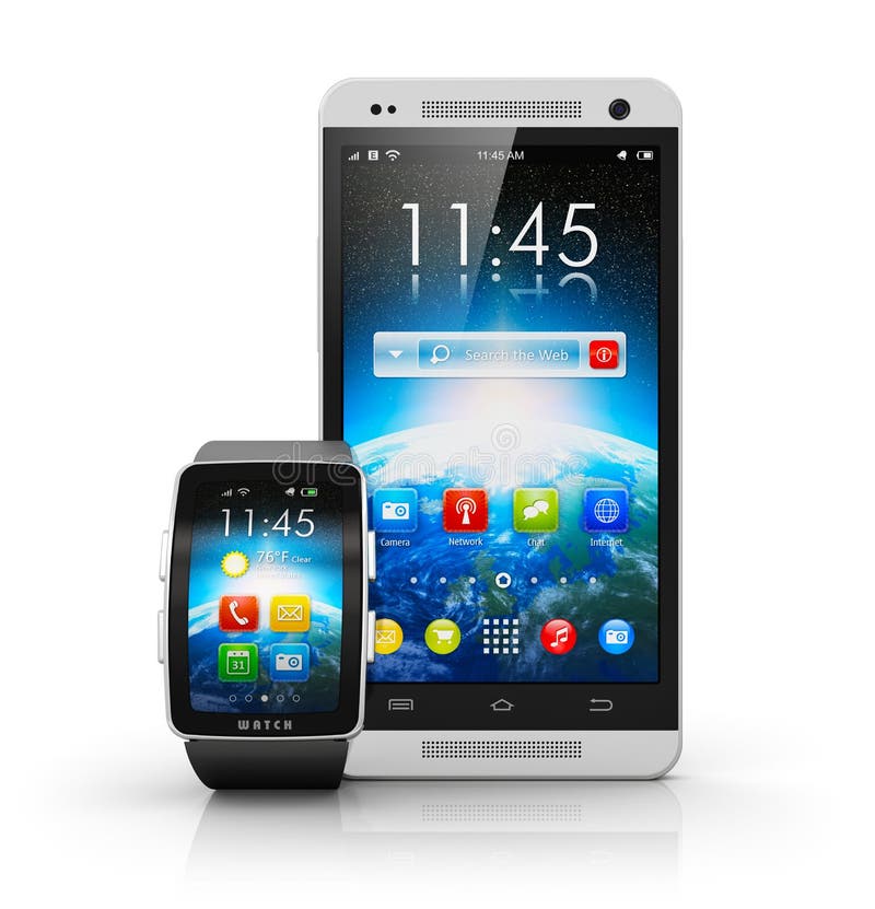 Smartphone and smart watch stock illustration. Illustration of clock ...