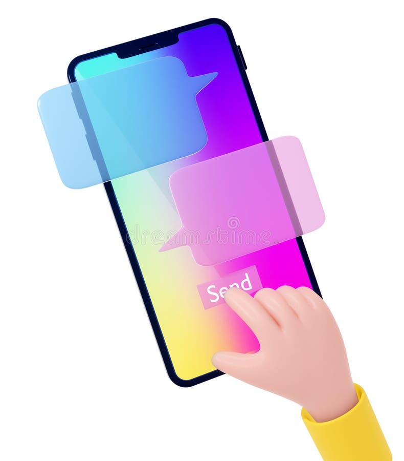 Smartphone with Speech Bubbles and Cartoon Hand Pressing Send Button ...