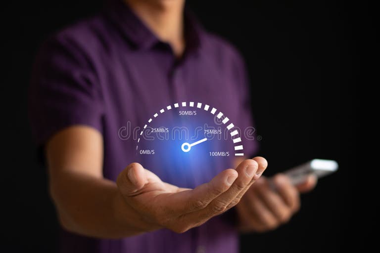 Smartphone Speed Test Held in Hand and Virtual Screen of Internet Speed ...
