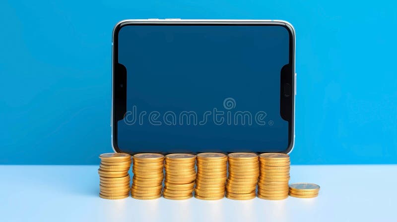 Smartphone with Stack of Coins on Blue Background, Generative AI ...