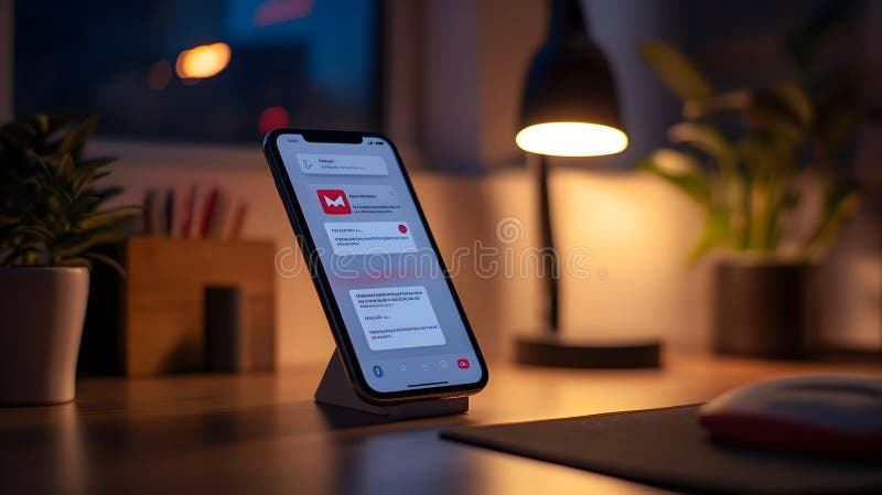 Smartphone on Stand with Email App Open in Cozy Home Office Setting ...