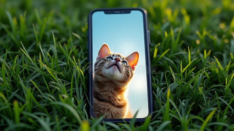 Smartphone Standing on Grass Displaying Cat on Screen, Creating ...