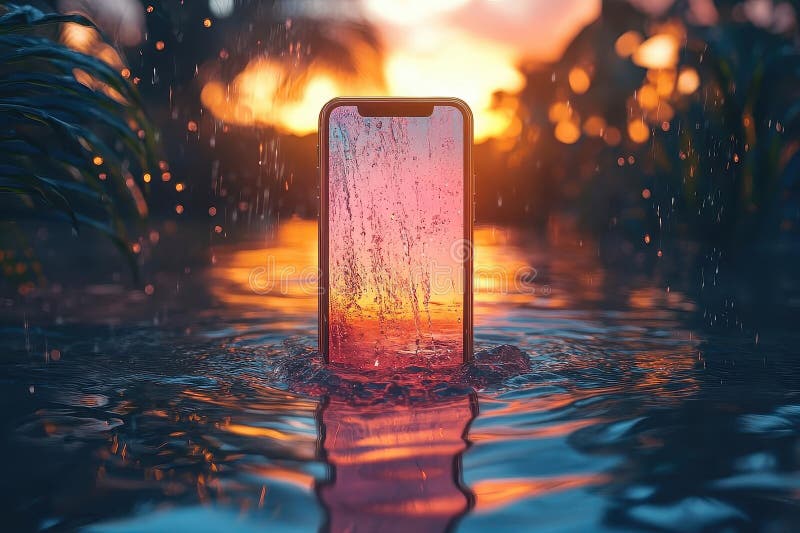 A Smartphone Submerged in Water with a Sunset Reflection on the Screen ...