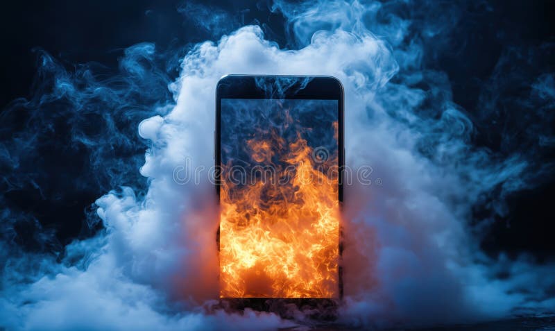 Smartphone Surrounded by Flames and Smoke, Symbolizing Technology and ...