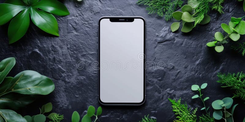 Smartphone Surrounded by Greenery on Dark Stone Background for Nature ...