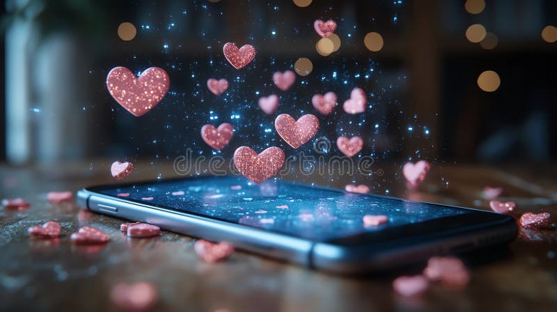 Smartphone Surrounded by Sparkling Hearts, Representing Love and ...
