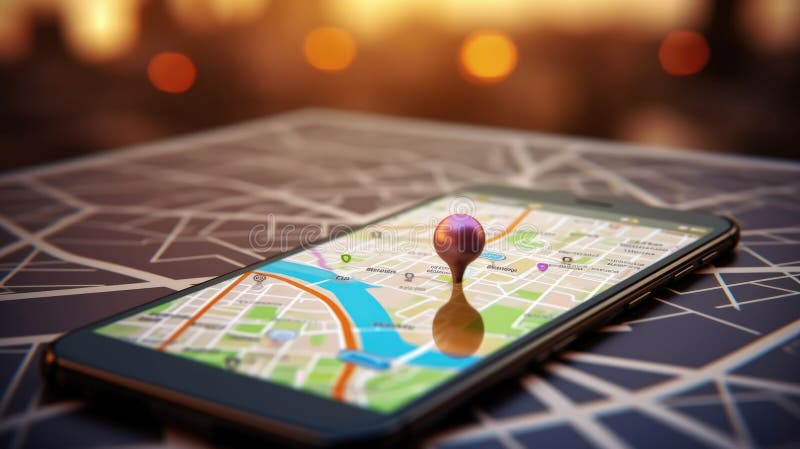 Smartphone on Table Top with Map and Location Pin, Blur Background of ...