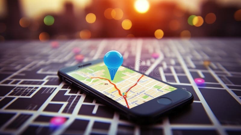 Smartphone on Table Top with Map and Location Pin, Blur Background of ...