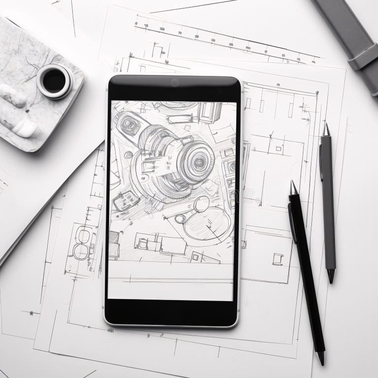 Smartphone with Technical Drawing and Pencils on Blueprints, Closeup ...
