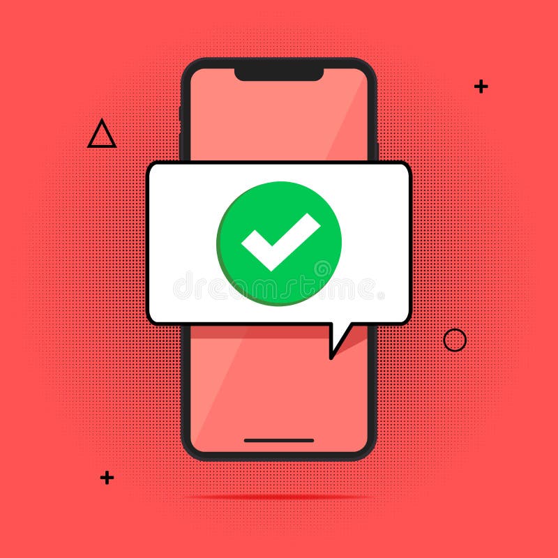 Smartphone and Tick, Flat Cartoon Mobile Phone Approved Message Ticker ...