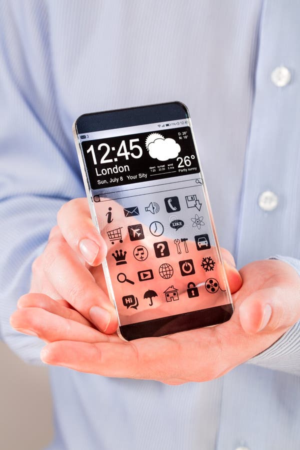 Smartphone with Transparent Screen in Human Hands. Stock Image - Image ...