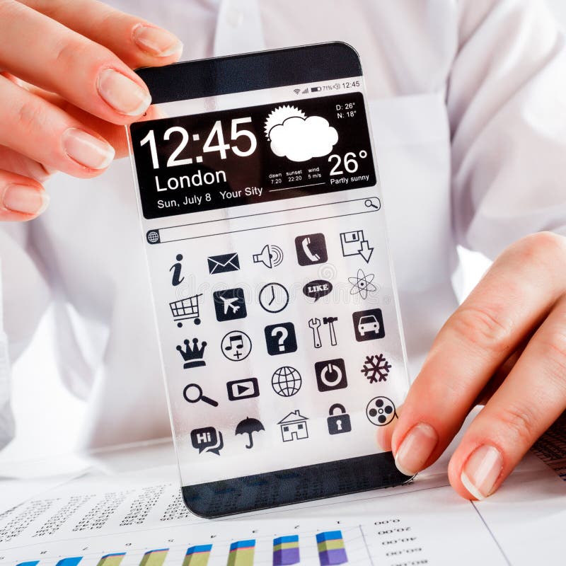 Smartphone with Transparent Screen in Human Hands. Stock Image - Image ...