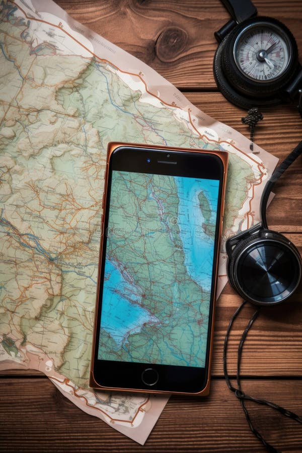 Smartphone with Travel App, Map and Compass on Table Stock Illustration ...