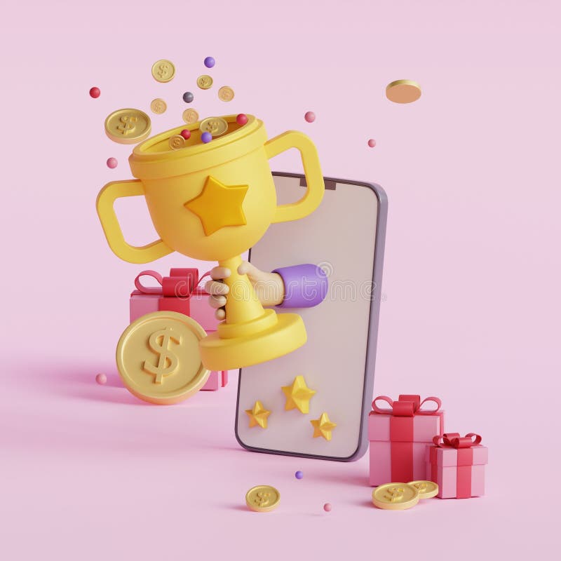 Smartphone with Trophy Cup and Presents. 3d Render Stock Illustration ...