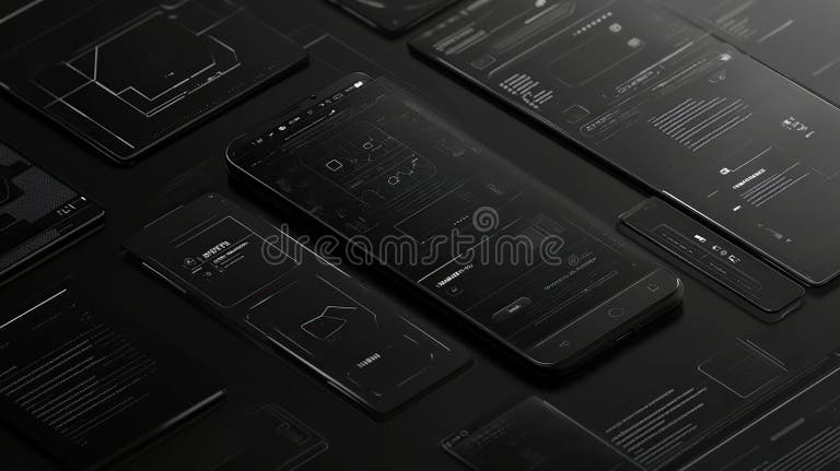 Smartphone UI Design Mockup, Dark Theme, App Development, Flatlay Stock ...