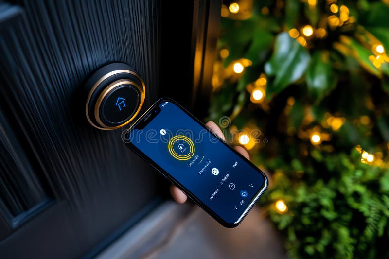 Smartphone Unlocking Smart Door Lock with App, Showcasing Modern Home ...