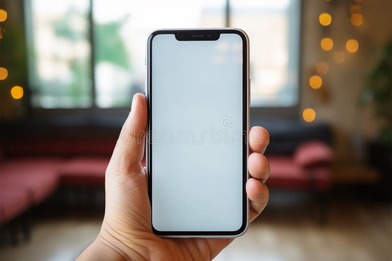 Smartphone in Use, Young Mans Hand with White Screen at Cafe Stock ...