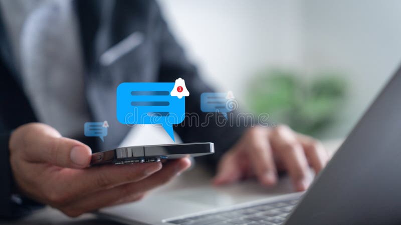 Smartphone User with Notification Bell Icon on Virtual Screen. Notification Concept. Push ...