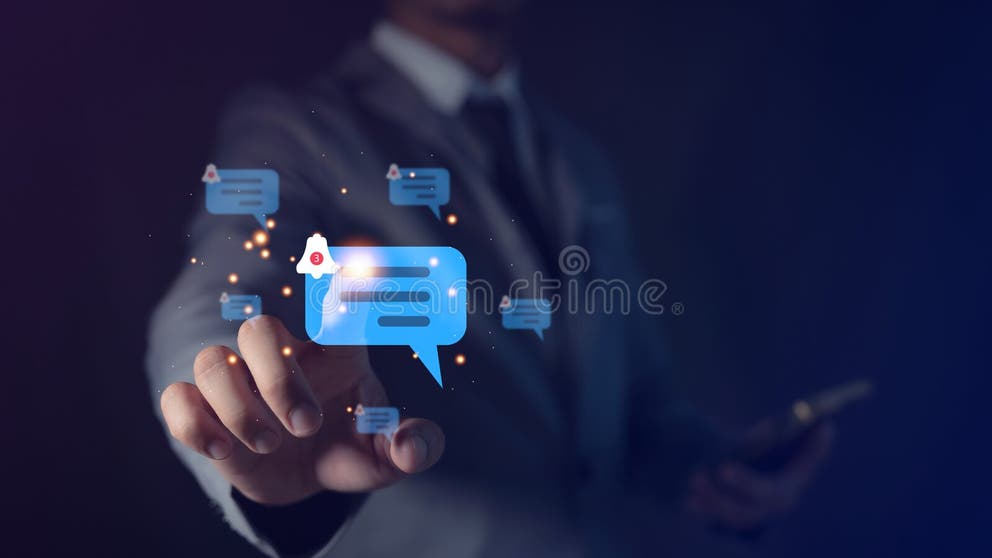 Smartphone User with Notification Bell Icon on Virtual Screen ...