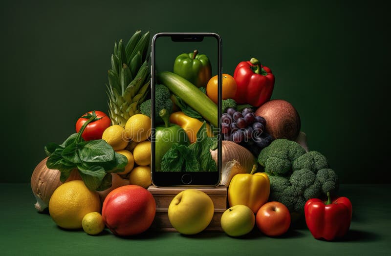 Smartphone with Various Fruits and Vegetables in it. Generative AI ...