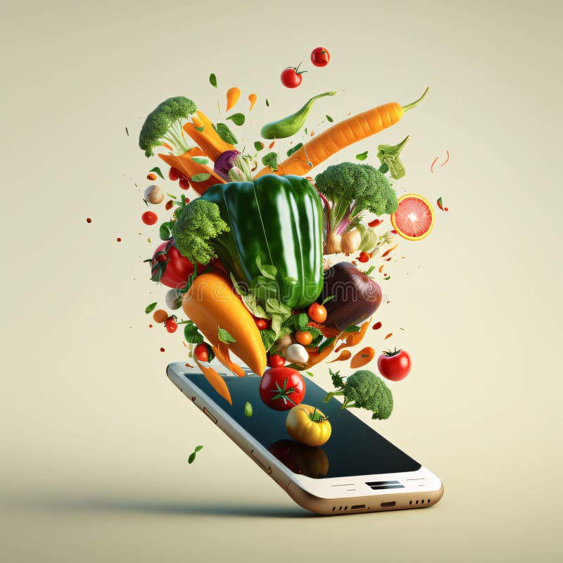 Smartphone with Vegetables Flying Out of it. 3d Illustration Stock ...