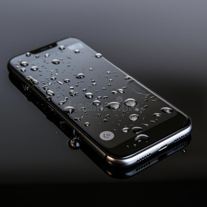 Smartphone with Water Droplets Reflecting Light on a Dark Surface in a ...