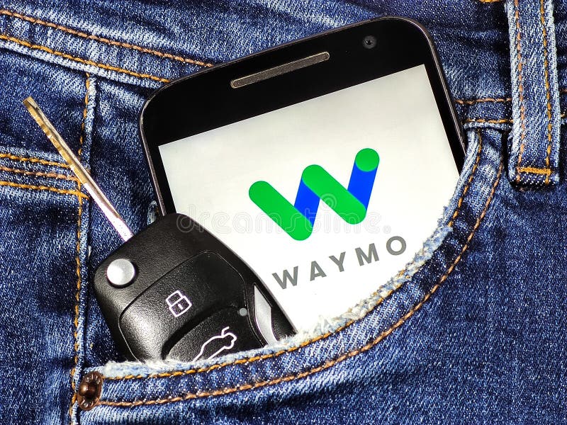 Smartphone with Waymo Logo on the Screen in Jeans Pocket with Car Key ...
