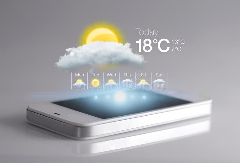 Smartphone with Weather Icon on Light Grey Background. Stock Photo ...