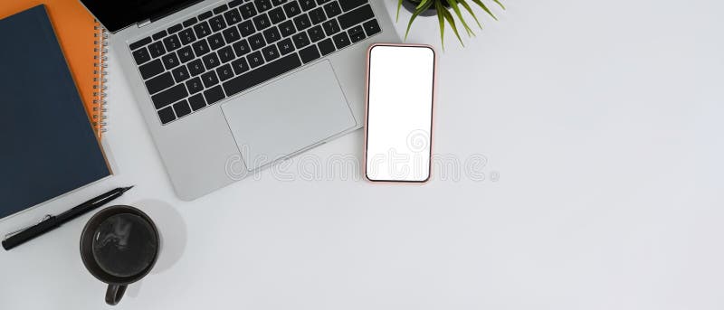 Top View Smartphone White Screen on Office Desk with Office Supply ...