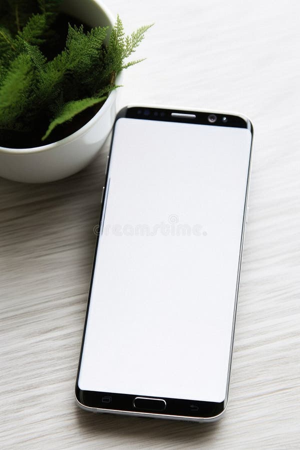 Smartphone with White Screen on Wooden Table. View from Above . Stock ...