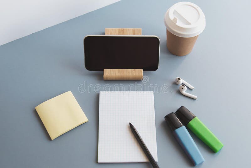 Smartphone, Wireless Headphones, Notepad, Markers, Coffee Cup, Online ...