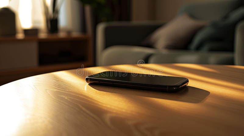 Smartphone on Wooden Table in Warm Light. Generative Ai Stock ...