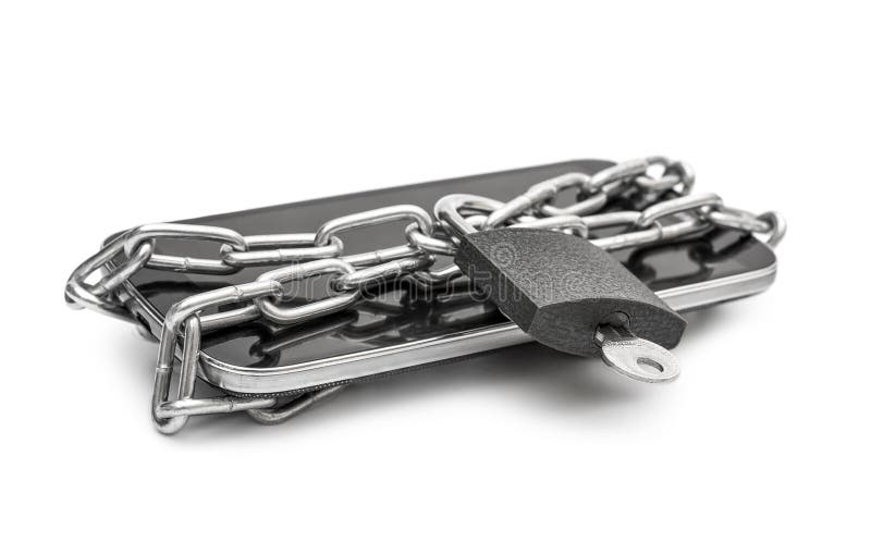 Smartphone Wrapped by Chain with Padlock Nad Key on White Stock Image ...