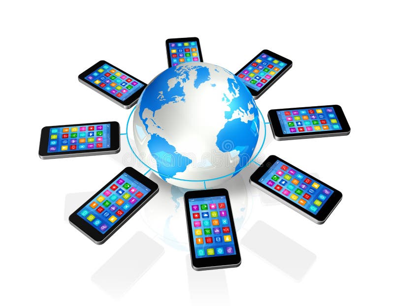Smartphones Around World Globe, Global Communication Stock Illustration ...