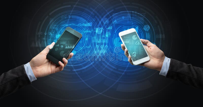 Smartphones Syncing Business Data Stock Photo - Image of modern, cloud ...