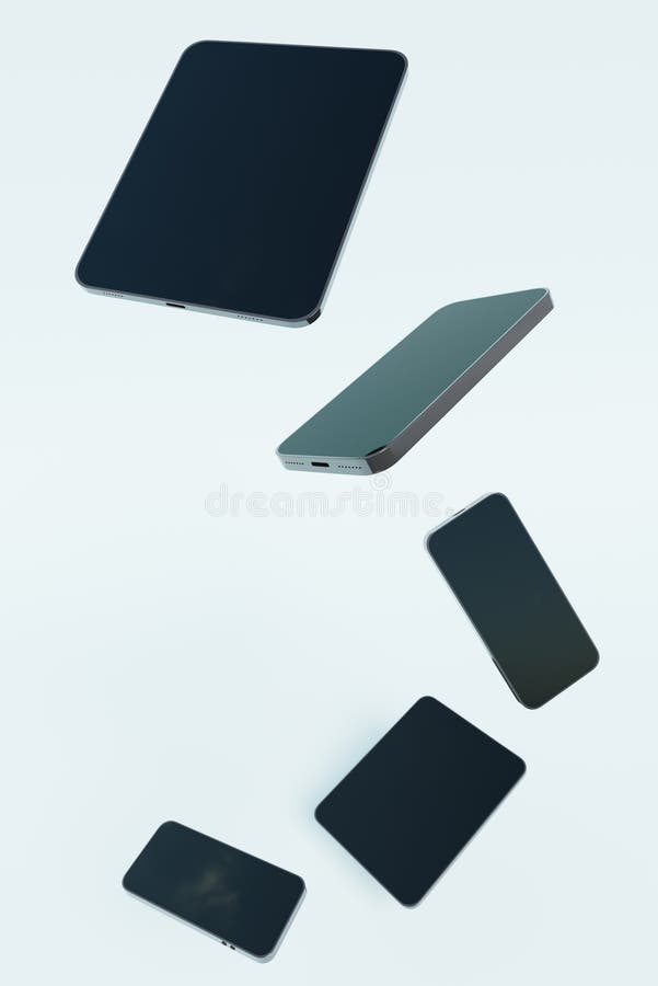 Smartphones and Tablets Floating in White Background, 3d Rendering ...