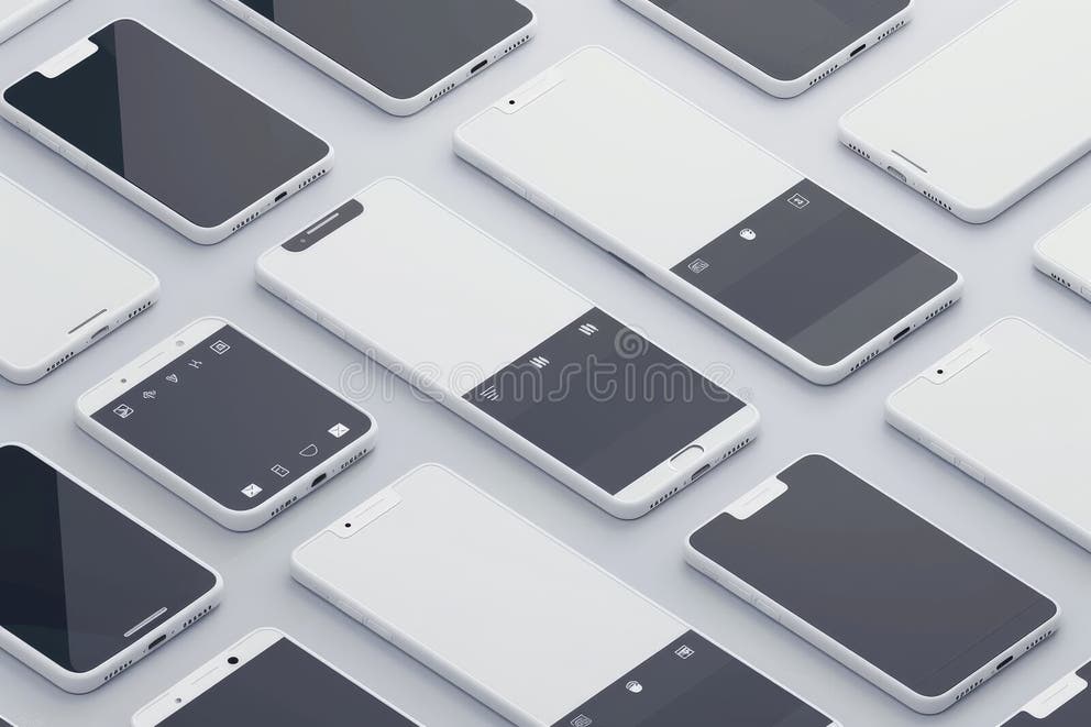 Smartphones UI Layout Mockup in Perspective. Many Example White ...