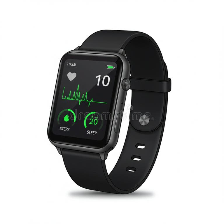 Smartwatch with a Black Band and a Rectangular Digital Display. the ...