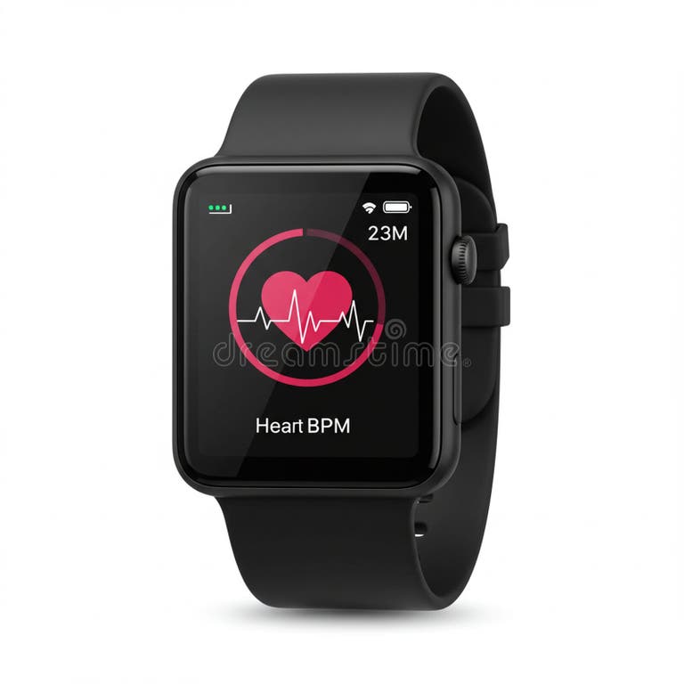 Smartwatch with a Black Band and Rectangular Face Displayed on a White ...