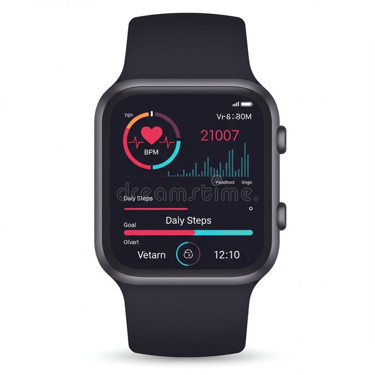 Smartwatch with a Black Band and Rectangular Face, Displaying Health ...