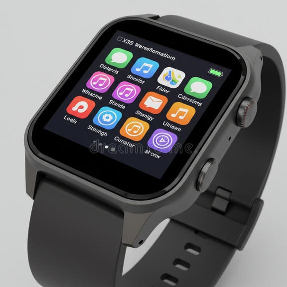 Smartwatch with a Black Strap Features a Rectangular Touchscreen ...