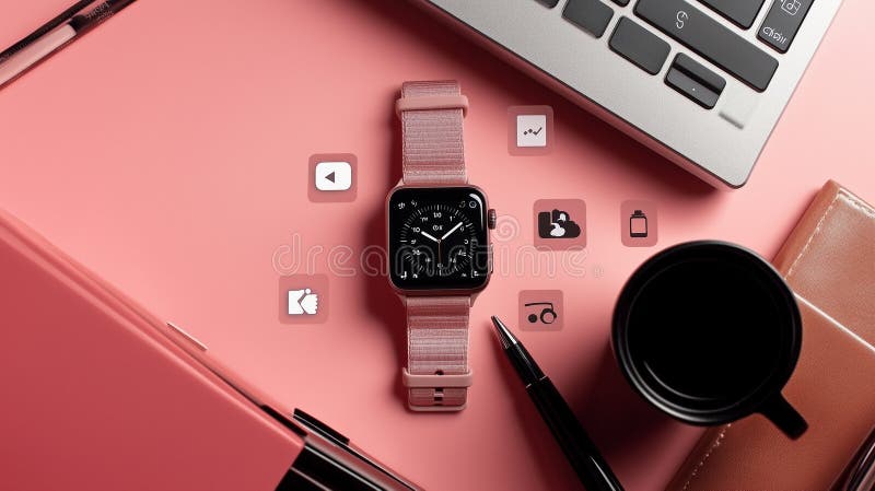 Smartwatch with Digital Icons on a Stylish Workspace Stock Illustration ...
