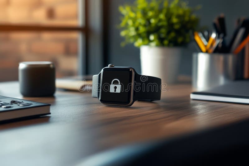A Smartwatch Displaying a Lock Icon Sits Prominently on a Clean Desk ... A Smartwatch Displaying a Lock Icon Sits Prominently on a Clean Desk ...