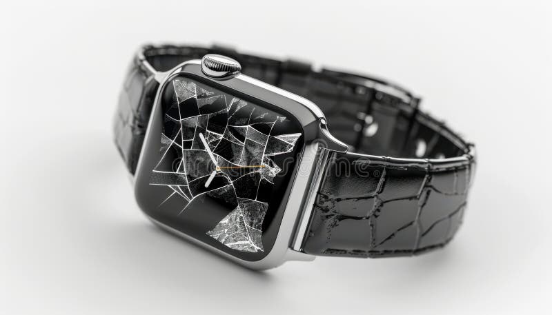 Broken Smartwatch with Shattered Screen on a Leather Strap Against a ...